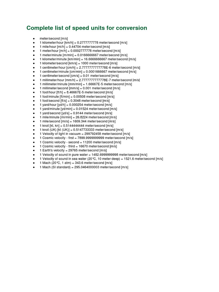 Complete List of Speed Units For Conversion | PDF