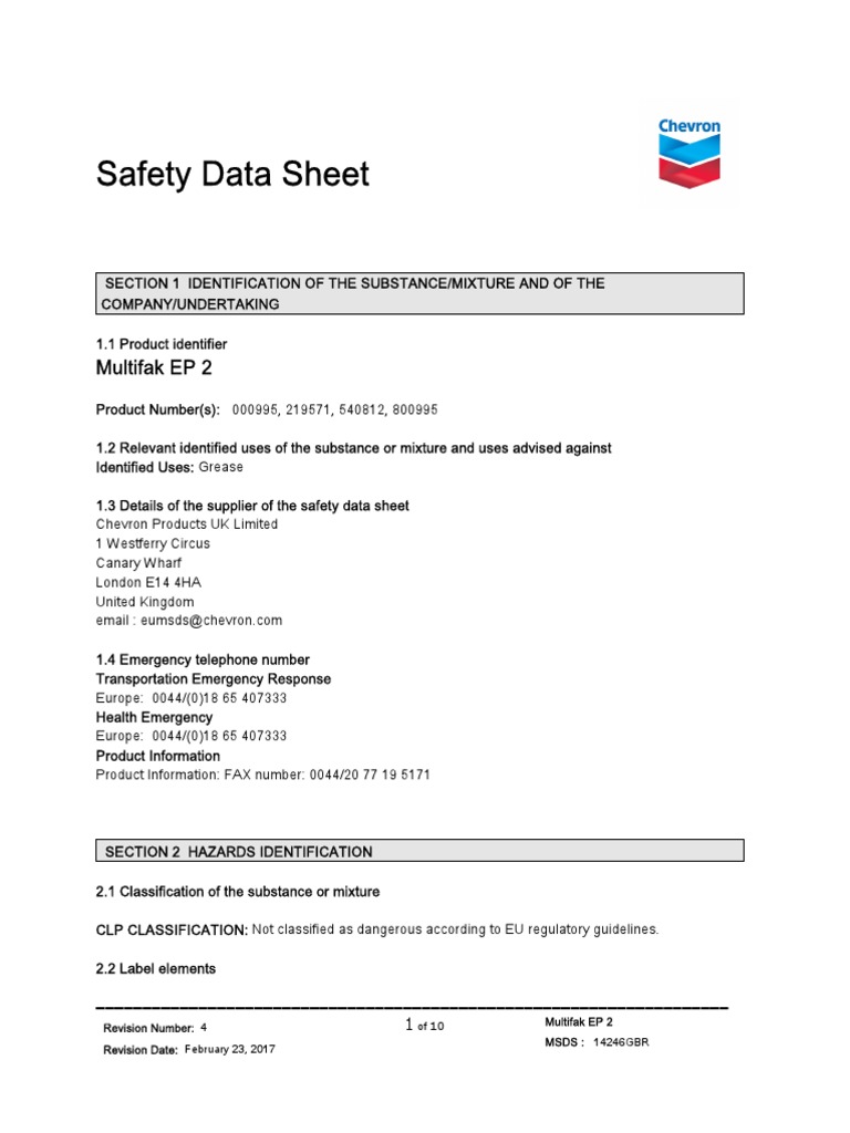Safety Data Sheet: Multifak EP 2 | PDF | Dangerous Goods | Toxicity