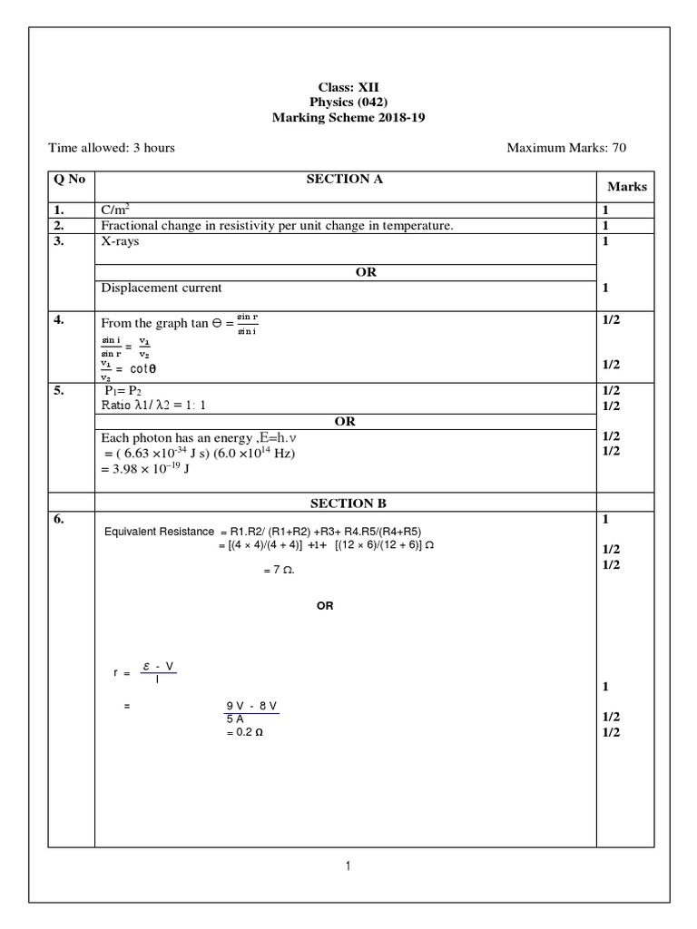Class XII Physics Marking Scheme 2018-19 | PDF | Atomic Nucleus | Electron