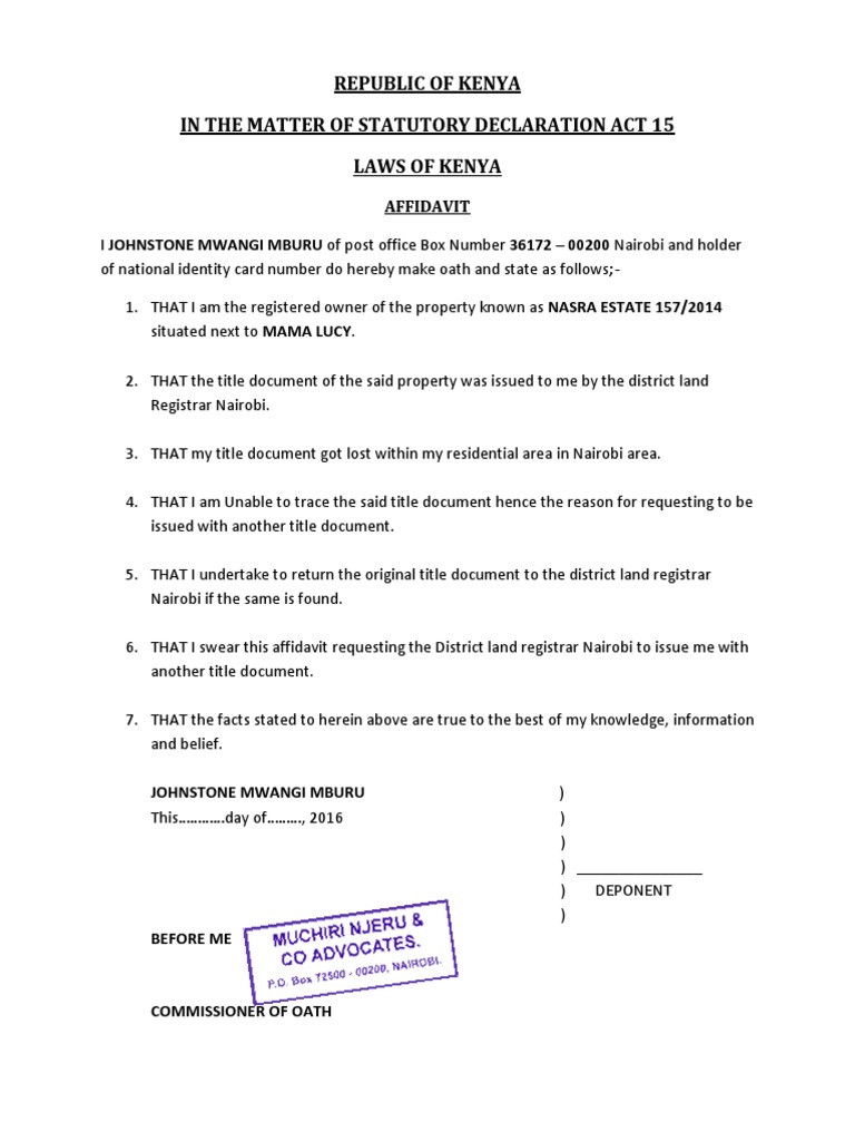 Republic of Kenya in The Matter of Statutory Declaration Act 15 Laws of ...