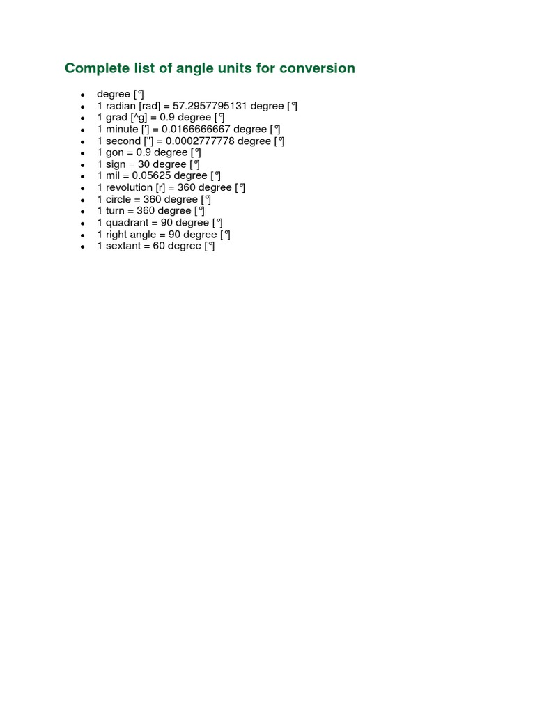 Complete List of Angle Units For Conversion | PDF