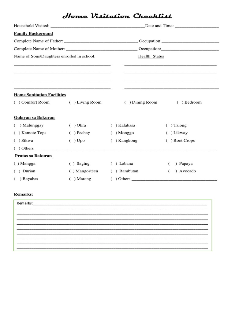 Home Visitation Checklist for Families | PDF | Edible Plants | Vegan ...
