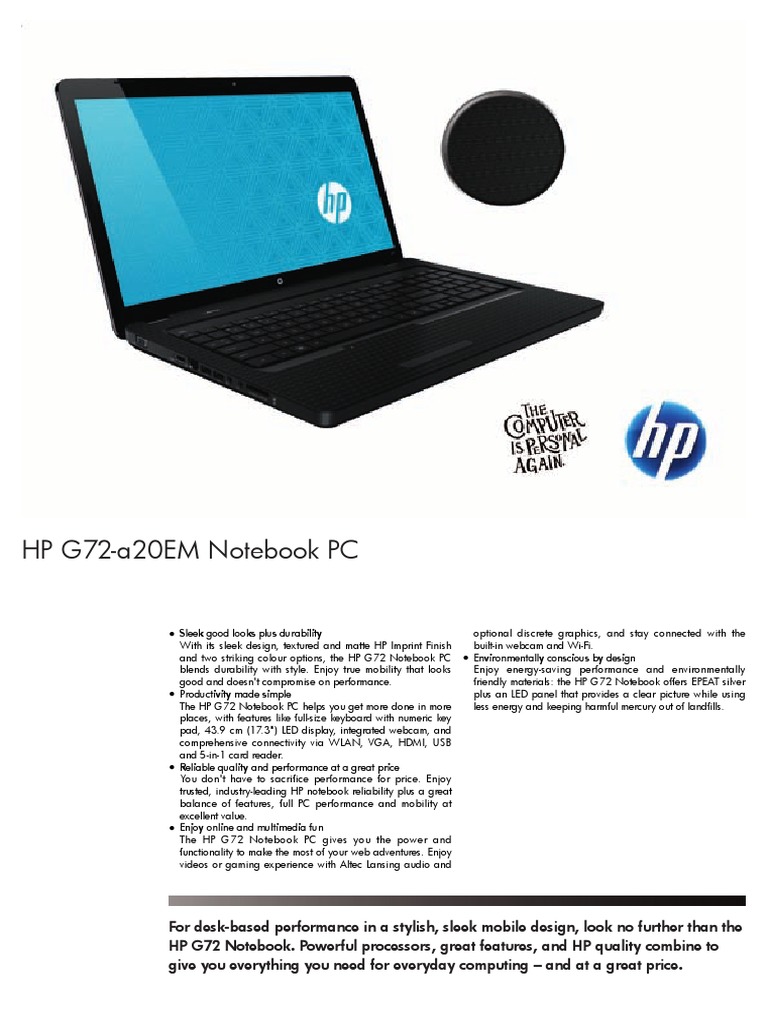HP G72-a20EM Notebook PC | PDF | Personal Computers | Laptop