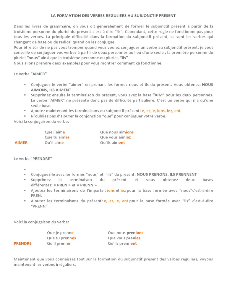 La Formation Des Verbes Reguliers Au Subjonctif Present | PDF