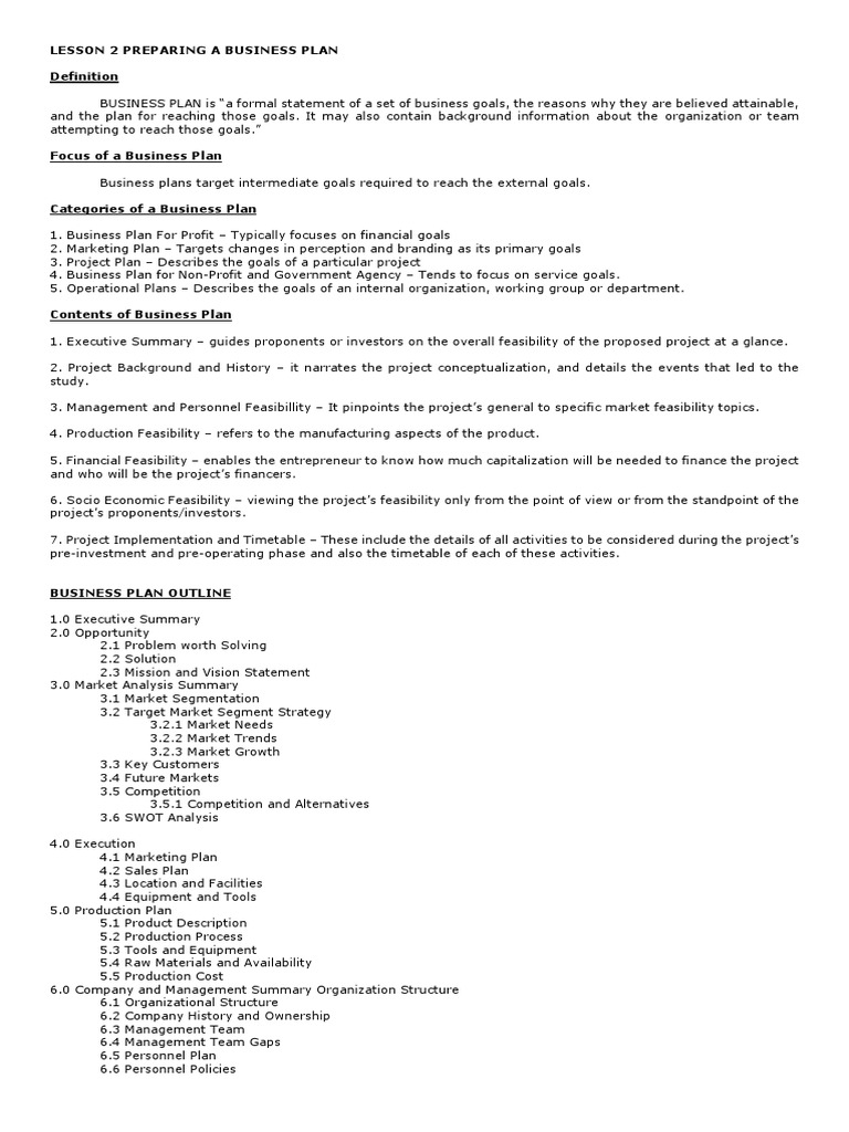 Lesson 2 Preparing A Business Plan | PDF | Business Plan | Feasibility ...
