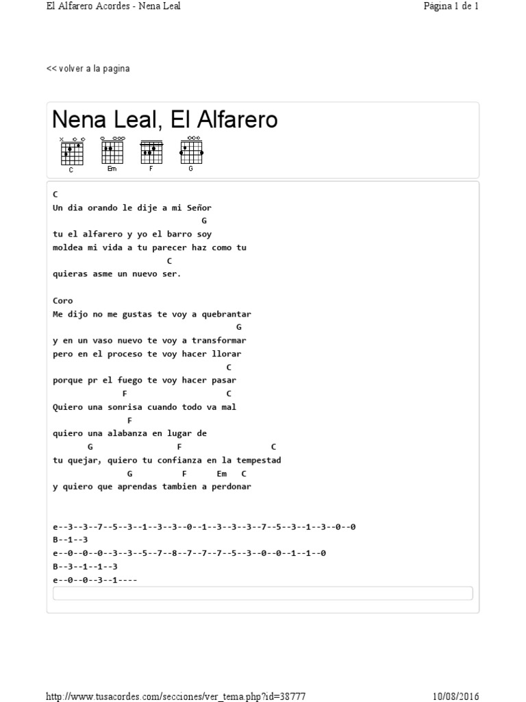 El Alfarero - Nena Leal: Letra y Acordes | PDF