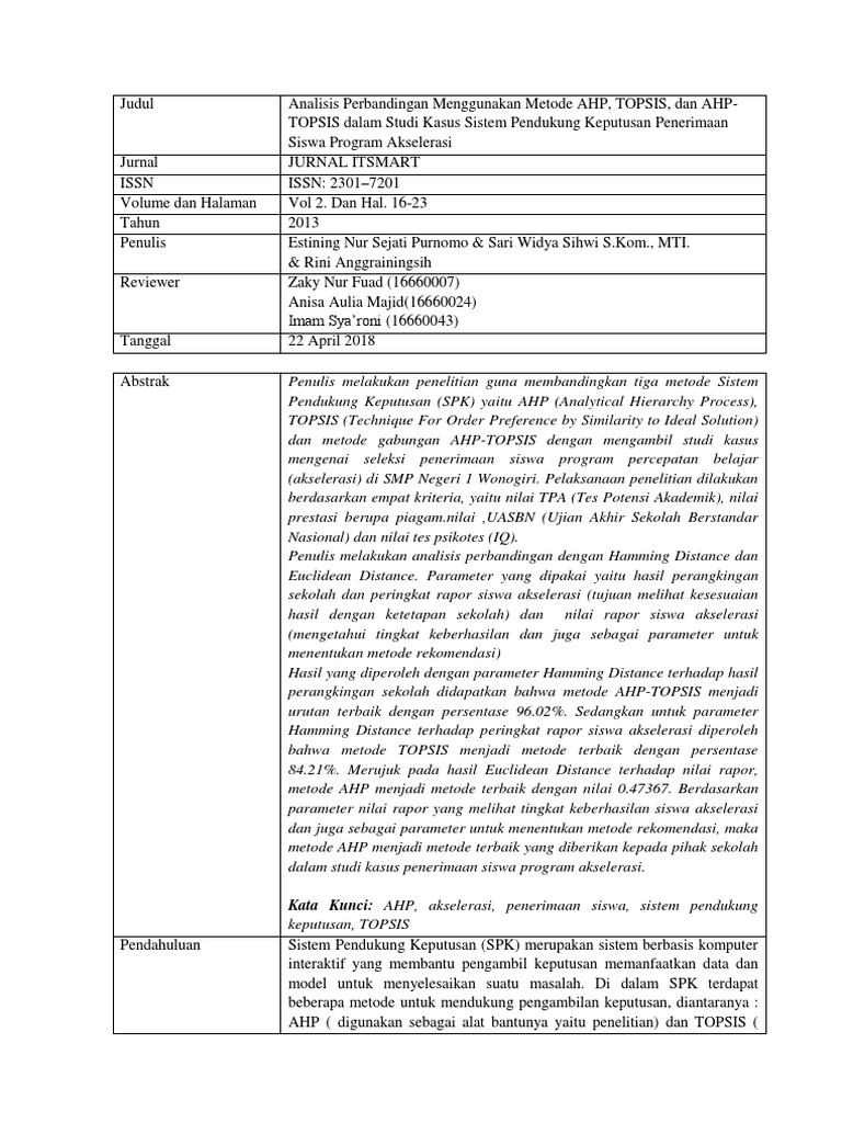 Review Journal MCDM Ahp, Topsis, Ahp-Topsis Methode | PDF
