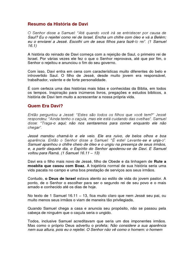 Resumo Da História de Davi | PDF | Davi | Samuel