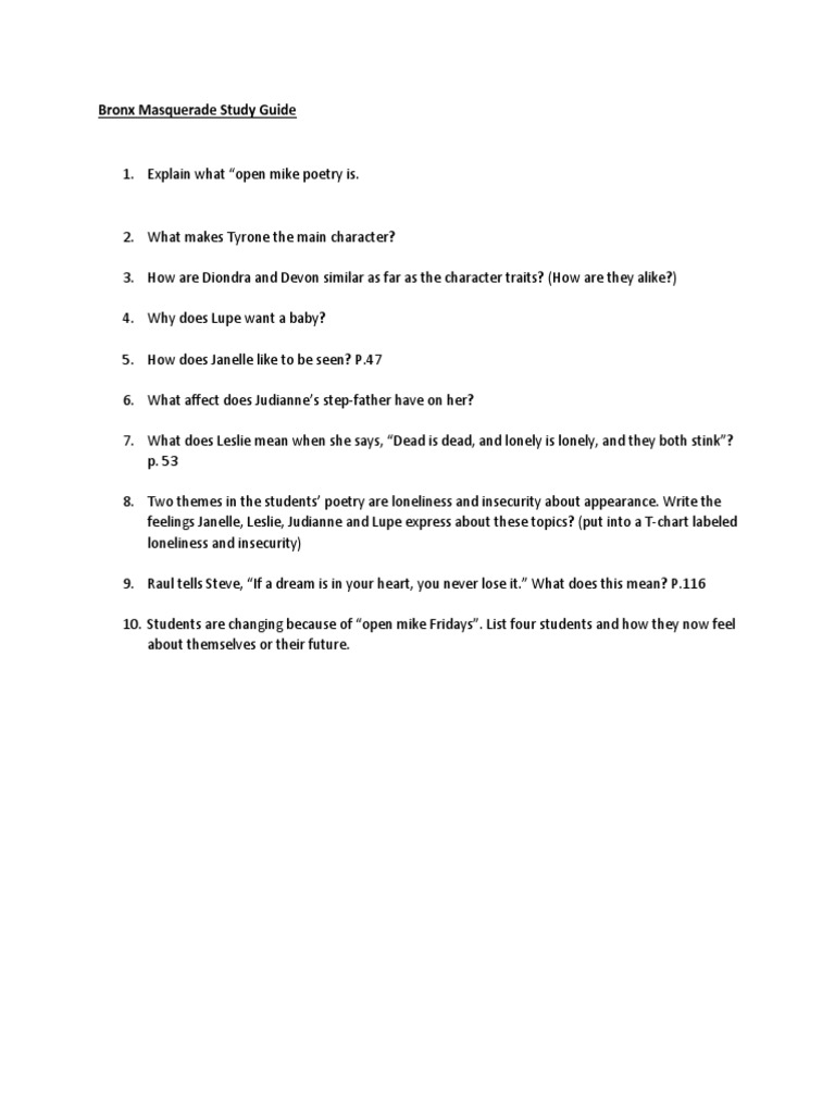 Bronx Masquerade Study Guide 2 | PDF | Language Arts & Discipline