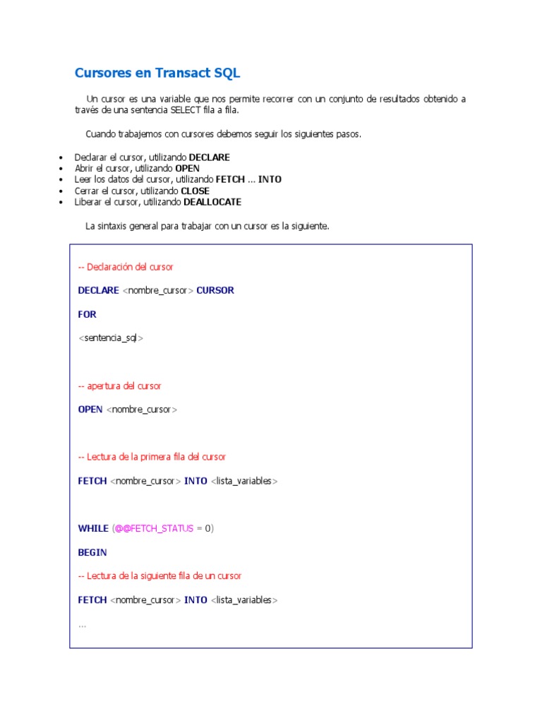 Uso de Cursores en Transact SQL | PDF | SQL | Programación de computadoras