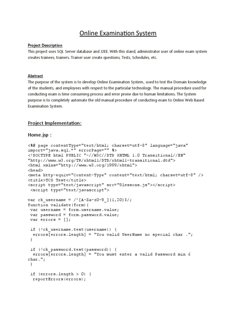 Online Examination System: Project Implementation: Home - JSP | PDF ...