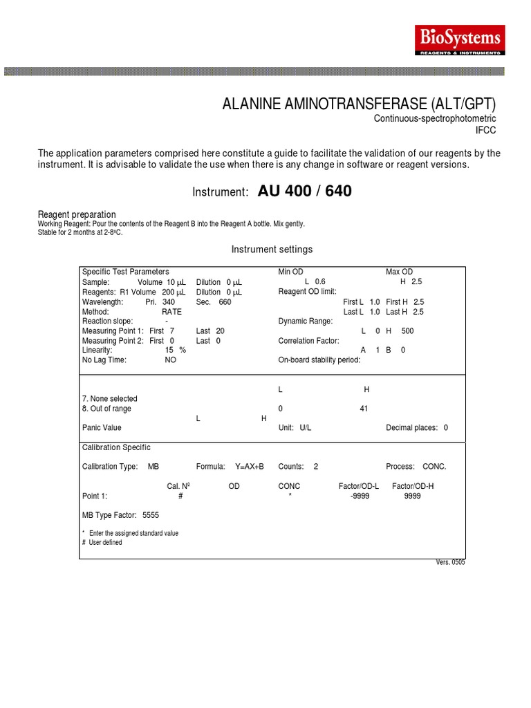 Alanine Aminotransferase (Alt/Gpt) : Instrument | PDF | Alanine ...