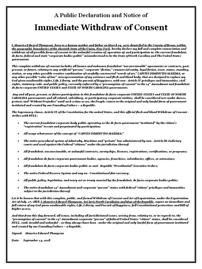Immediate Withdraw of Consent: A Public Declaration and Notice of | U.S ...