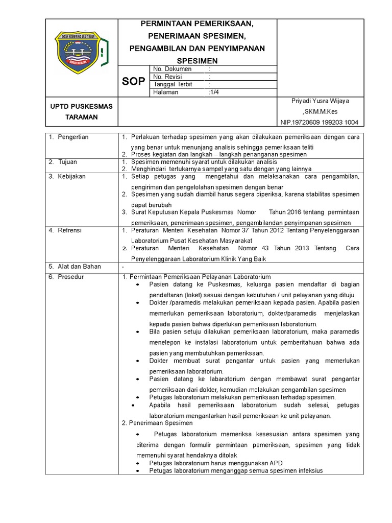 Sop Permintaan Pemeriksaan, Penerimaan Spesimen, Pengambilan Dan Penyimpanan Spesimen | PDF