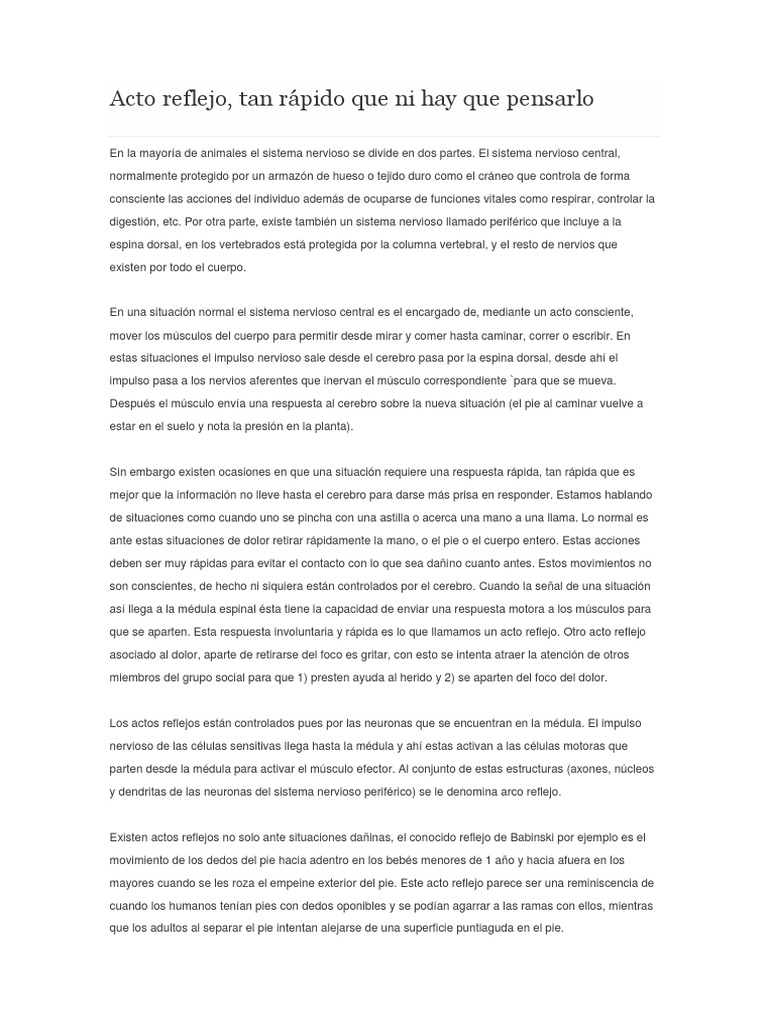 Acto y arco reflejo: definición y ejemplos | PDF | Sistema nervioso ...