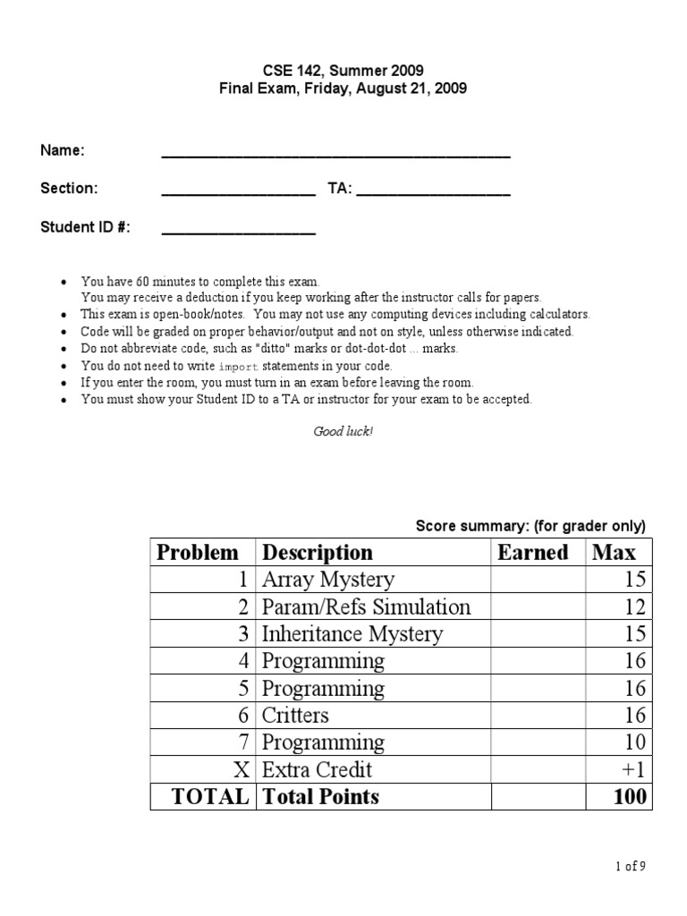 CSE 142, Summer 2009 Final Exam, Friday, August 21, 2009 | Download Free PDF | Array Data ...