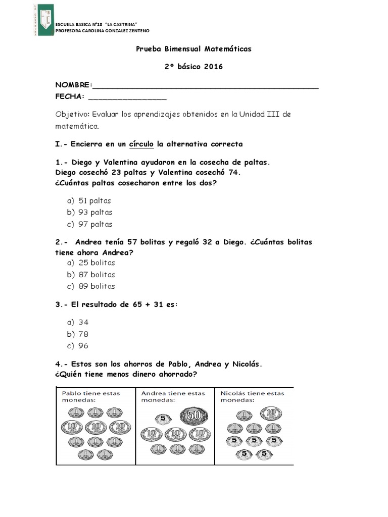 Prueba Matemáticas 2 Basico | PDF