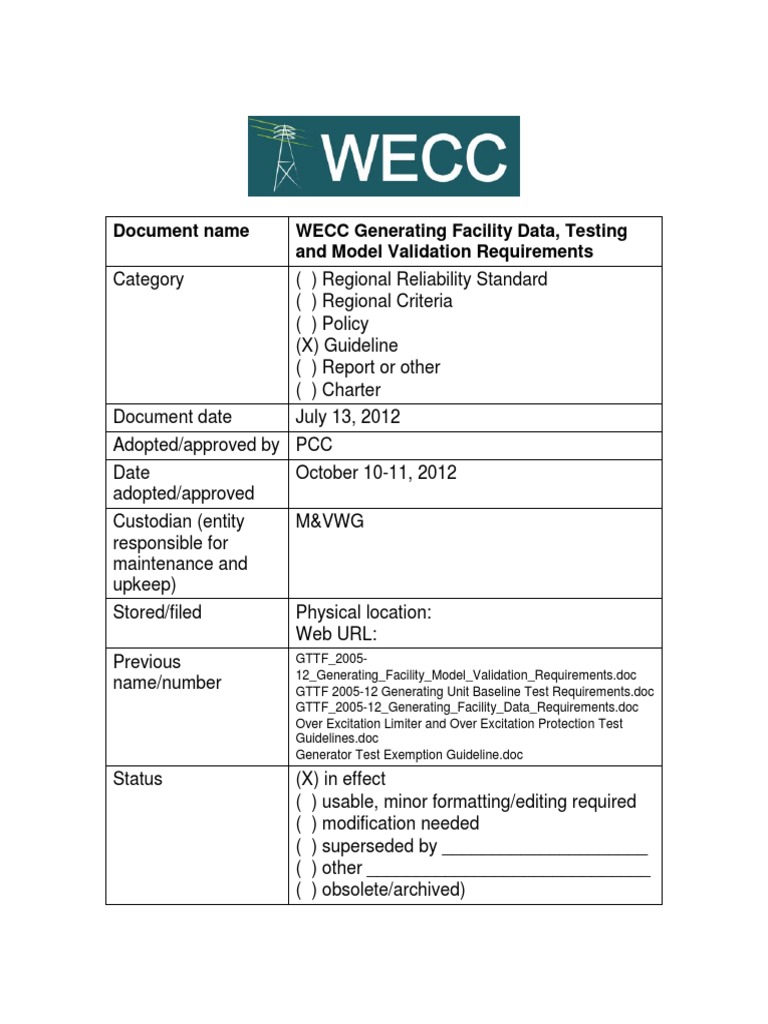 WECC Generating Facility Data, Testing and Model Validation ...