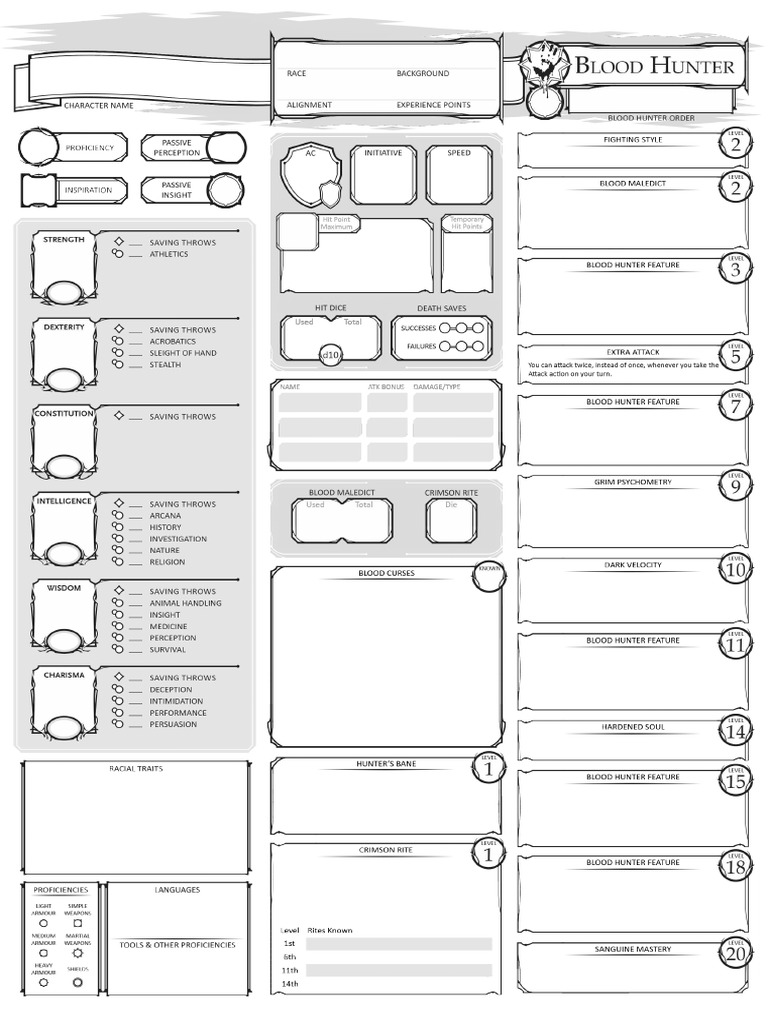 Dungeons and Dragons Class Character Sheet_Blood Hunter V1.0_Fillable