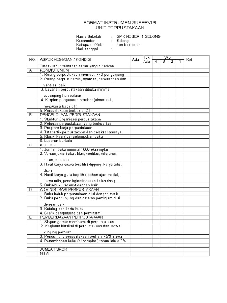 Format Instrumen Supervisi Perpustakaan | PDF