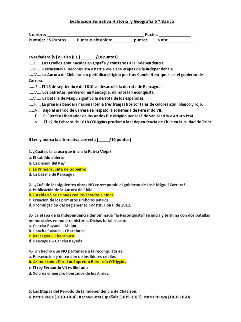 Evaluación Etapas de La Independencia de Chile Respuestas | PDF | Chile | América del Sur
