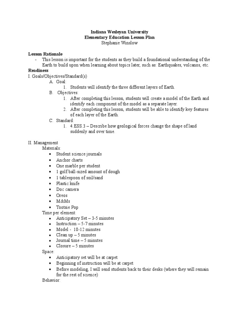 Indiana Wesleyan University Elementary Education Lesson Plan | Download ...