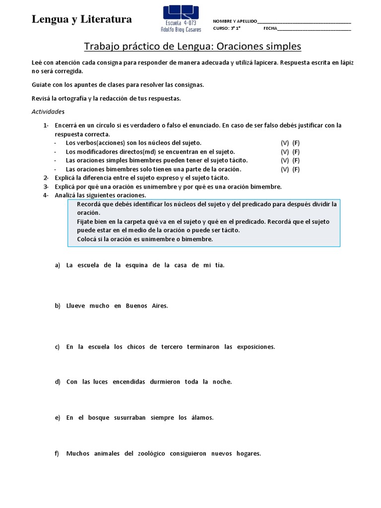 Práctica de Oraciones Simples | PDF | Estudios de idiomas extranjeros
