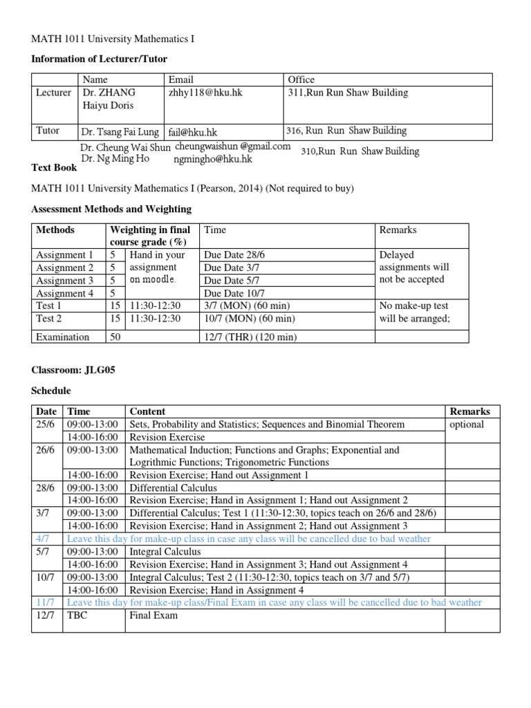 MATH 1011 Course Schedule & Info | PDF | Calculus | Teaching Mathematics