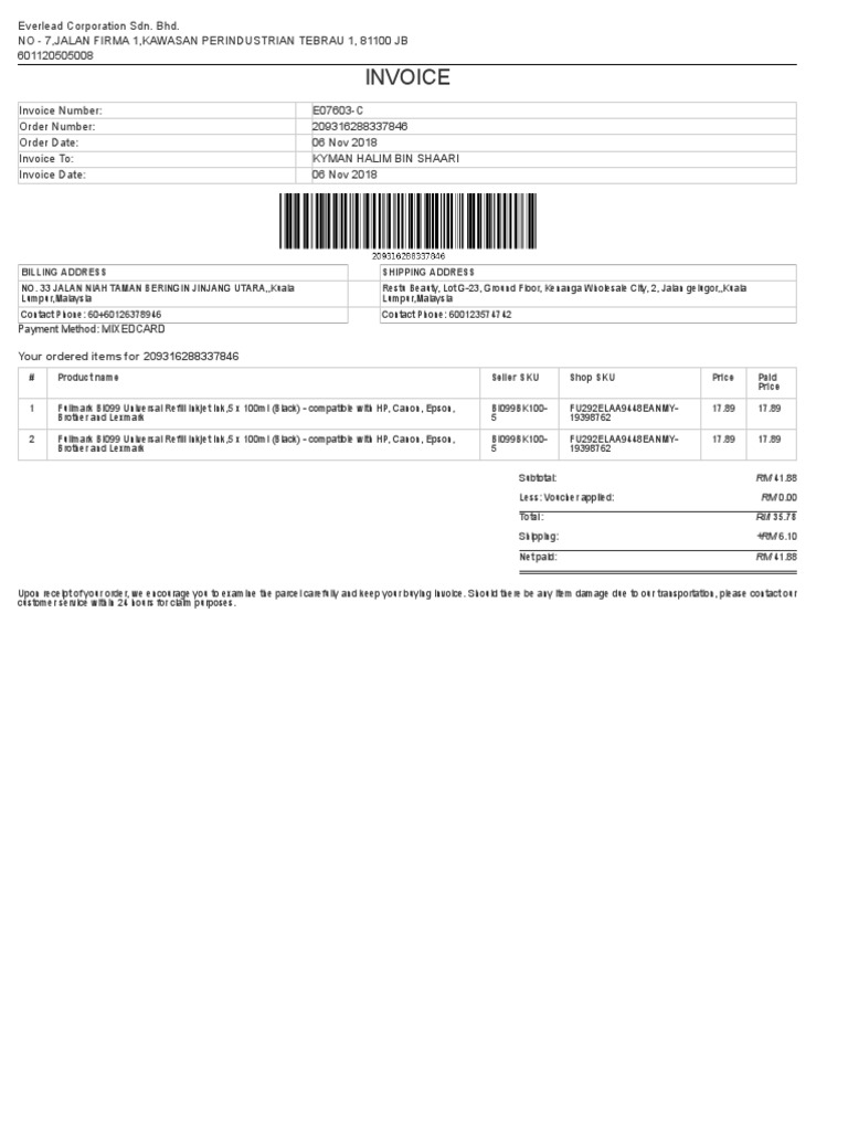 Lazada Order 209316288337846 PDF | PDF | Business