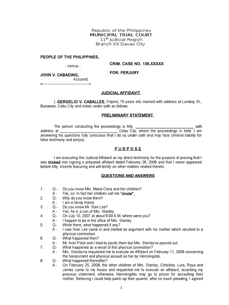 sample Judicial Affidavit | Perjury | Judiciaries