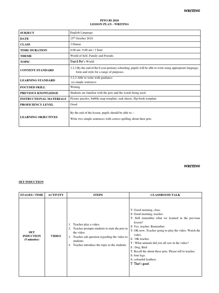 Writing Lesson Plan: Pets | PDF | Lesson Plan | Question