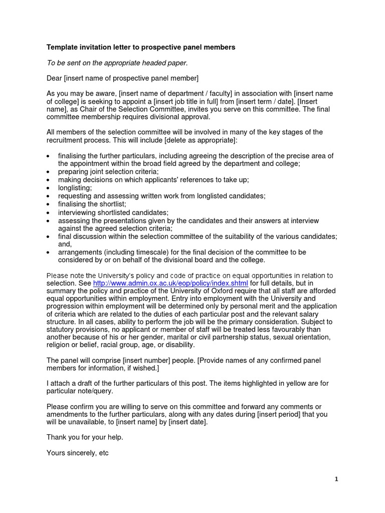 Template Invitation Letter to Sit on Panel | Equal Opportunity ...