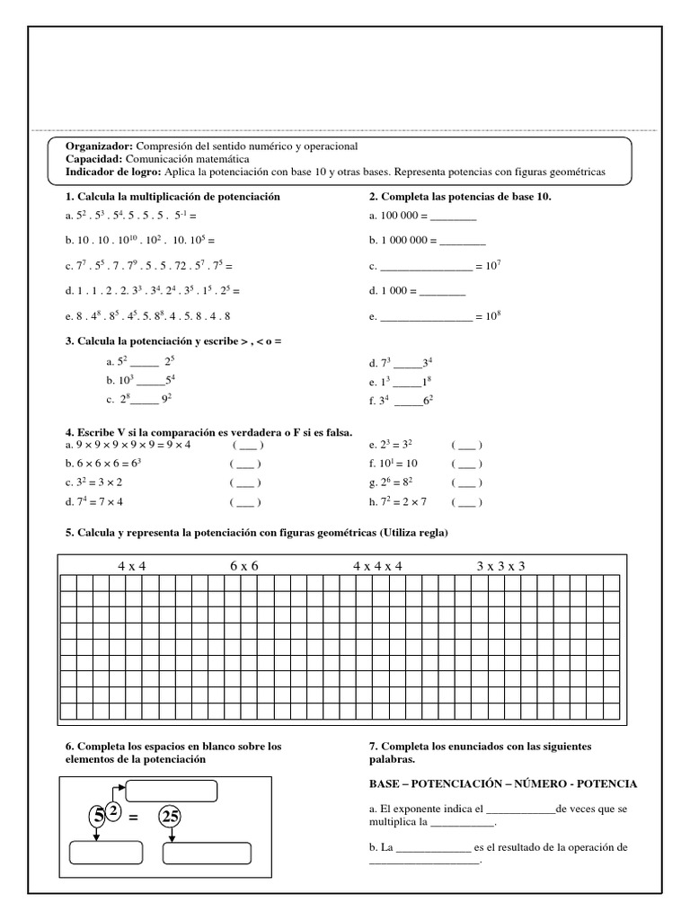 Practica Calificada de matemática 5to grado potenciación ...