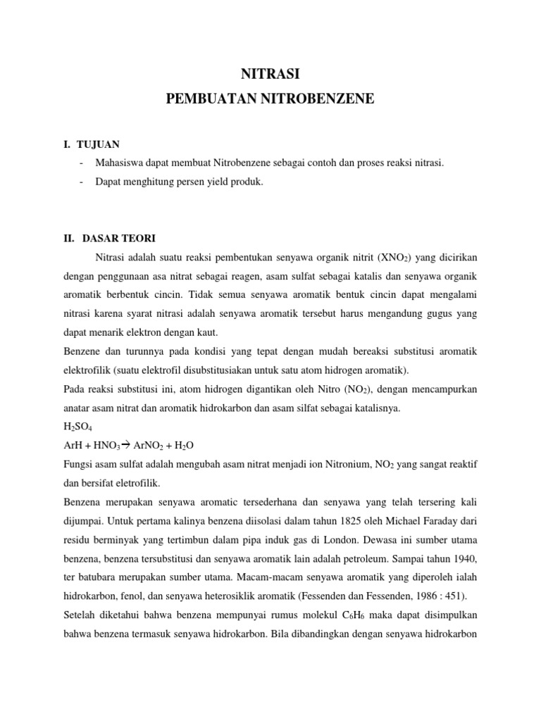 SINTESIS NITROBENZENA MELALUI REAKSI NITRASI BENZENA | PDF