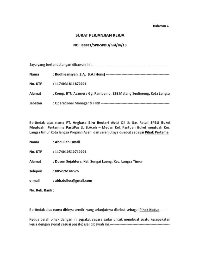 Dokumen - Tips - Surat Perjanjian Kerja Karyawan Spbu | PDF