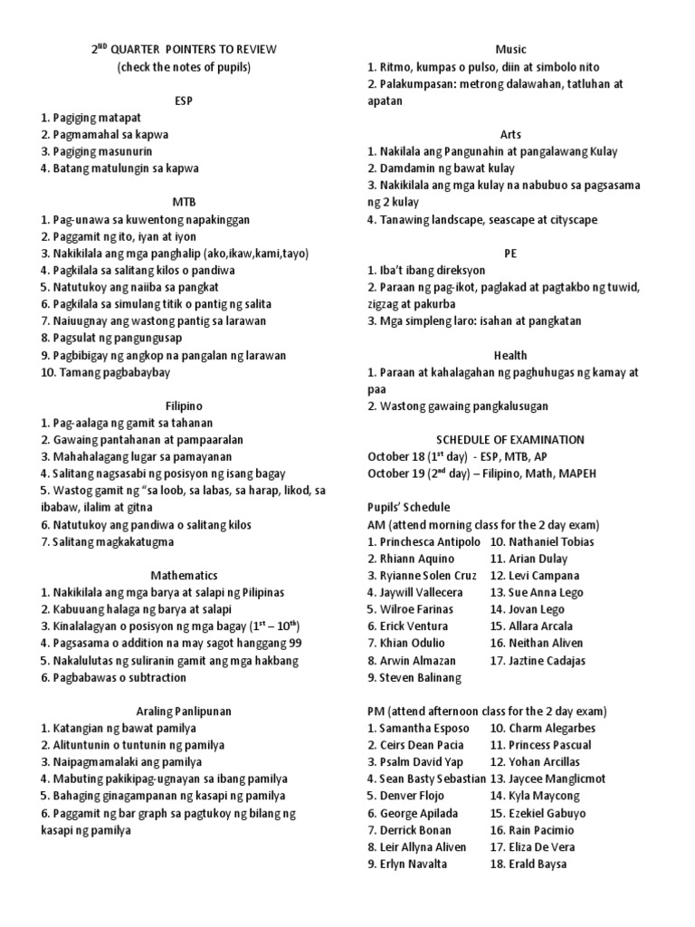 2nd Quarter Pointers To Review | PDF