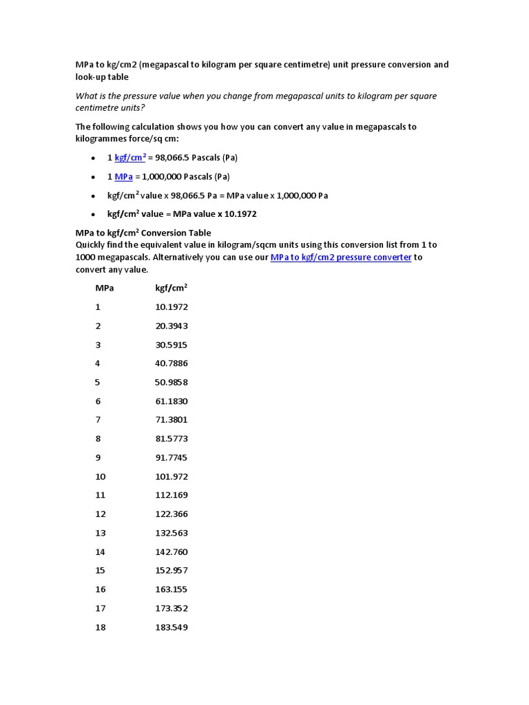 MPa To KG | PDF | Pascal (Unit) | International System Of Units