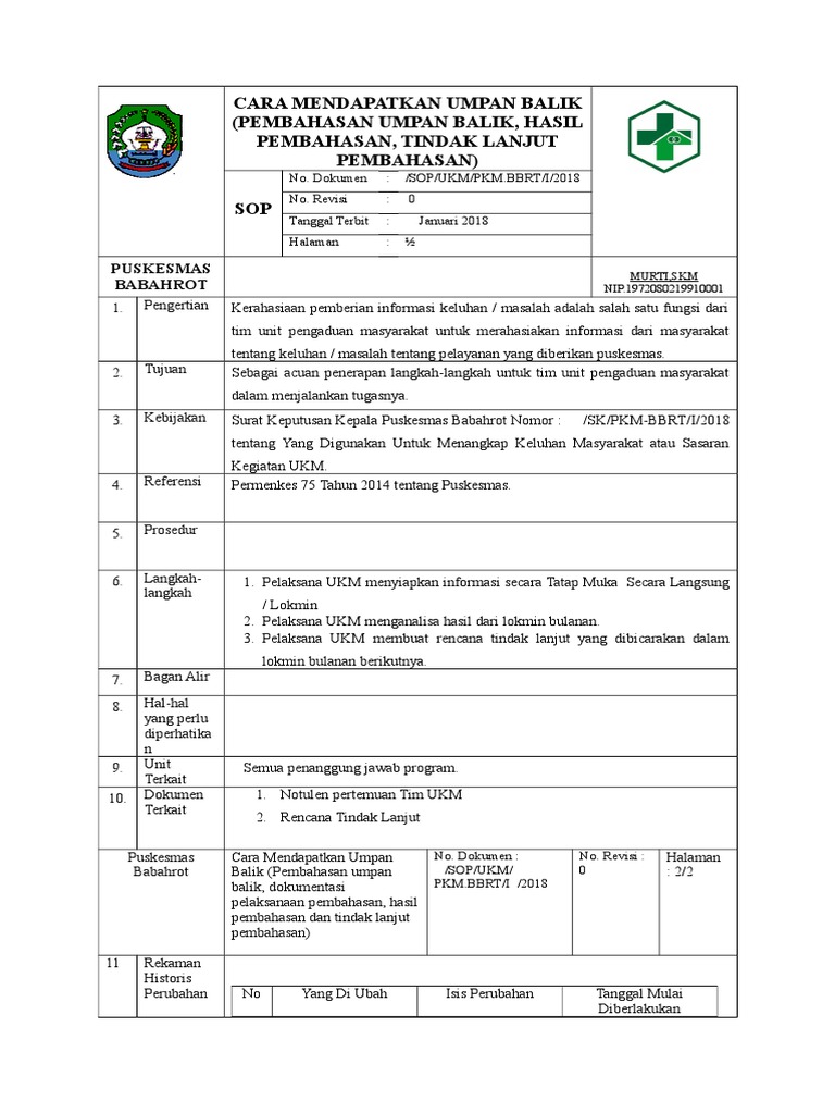 SOP Umpan Balik Puskesmas Babahrot | PDF