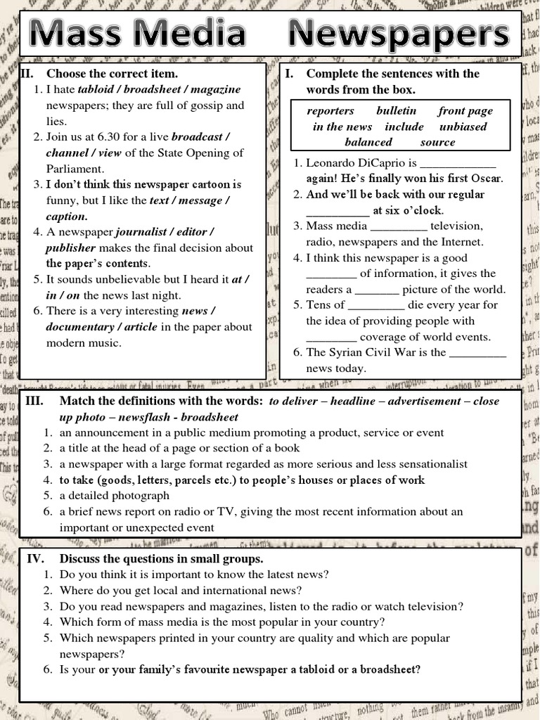 Mass Media Vocabulary Worksheet | PDF | Newspapers | News
