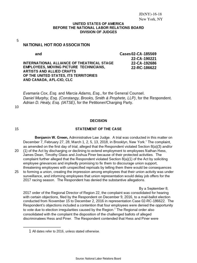 2018 11 09 NLRB Alj Decision Nhra | PDF | Unfair Labor Practice | Business