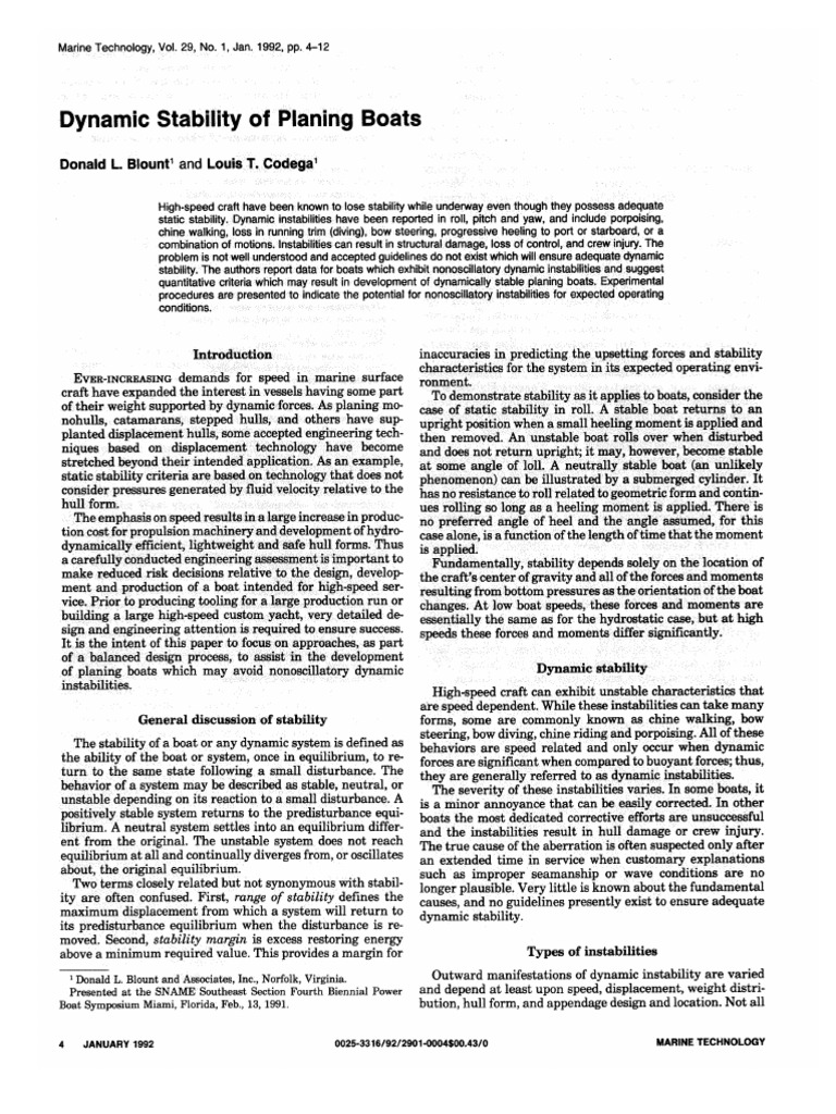 Dynamic Stability of Planing Boats - Marine Technology | PDF