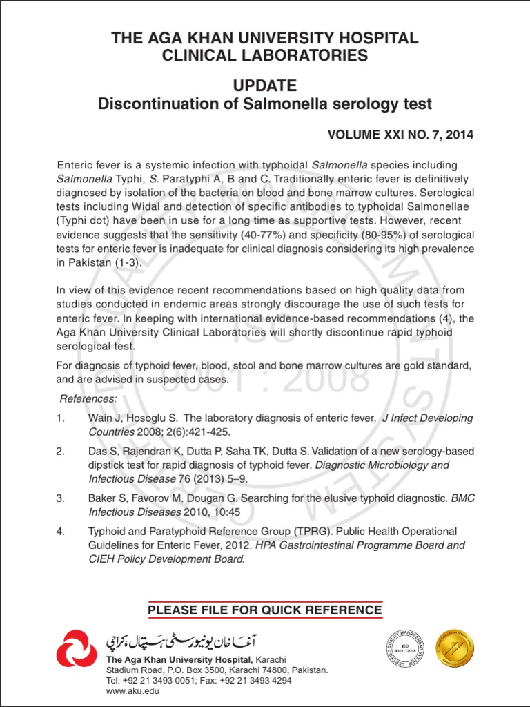 Update 2014, 7 Discontinuation of Salmonella Serology Test AKUH | PDF