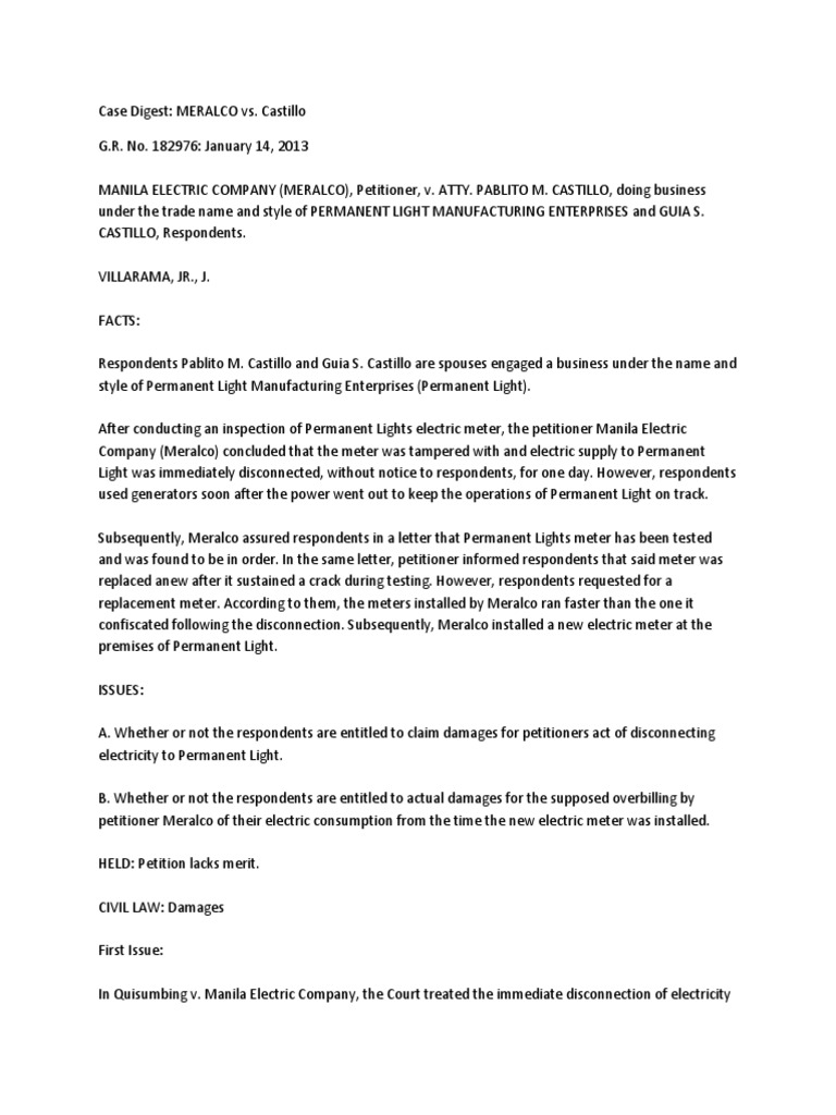 Meralco v. Castillo | PDF | Damages | Virtue