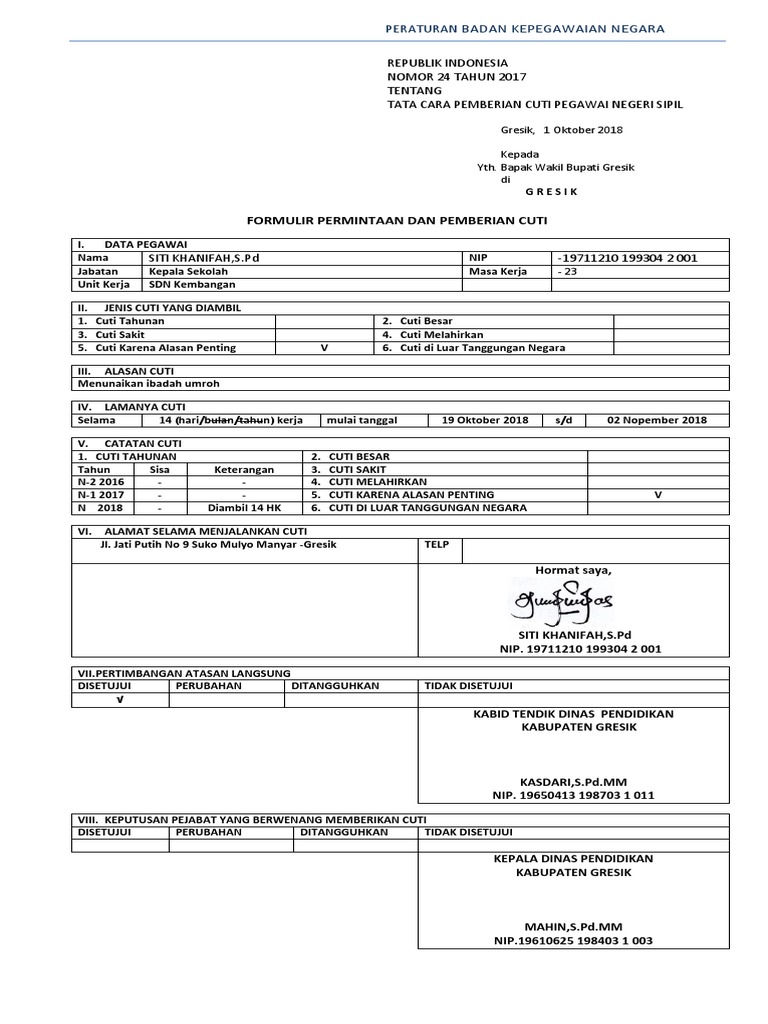 Peraturan Badan Kepegawaian Negara Tentang Cuti 2018 | PDF