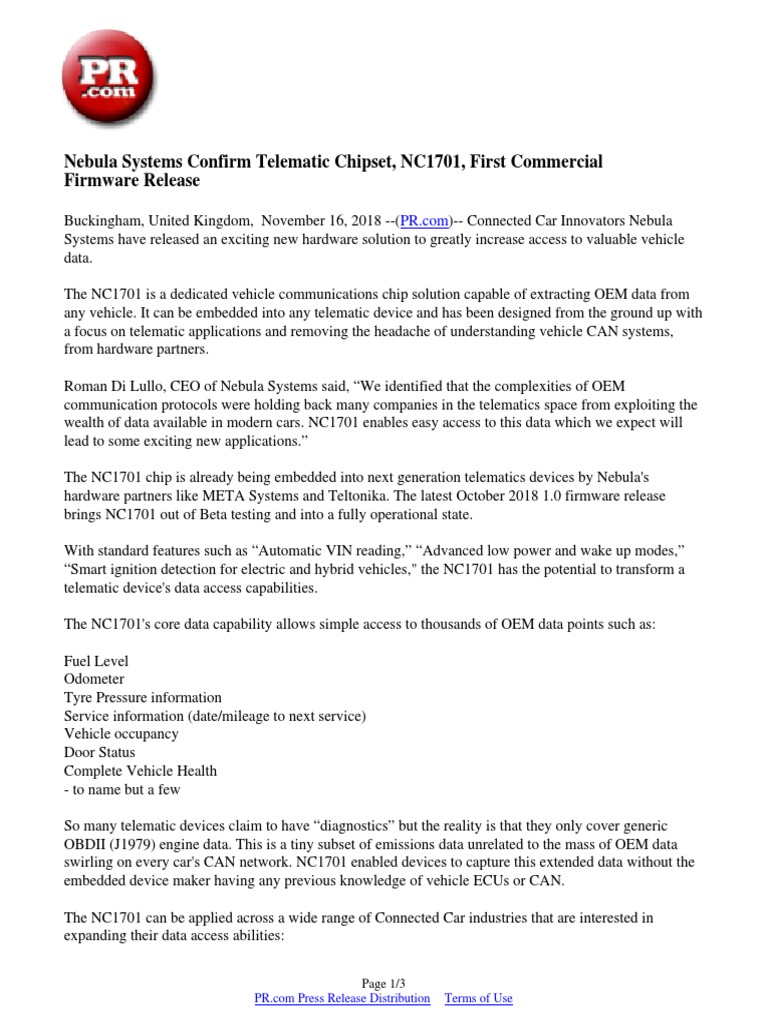 Nebula Systems Confirm Telematic Chipset, NC1701, First Commercial ...