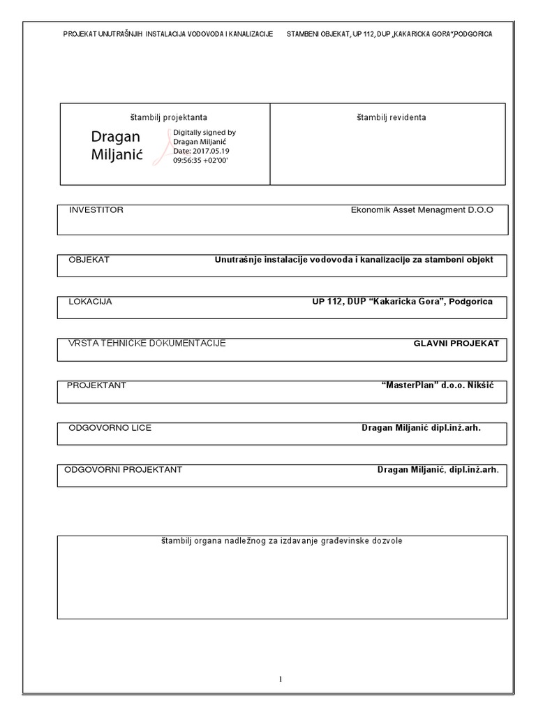 Glavni Projekat Instalacija Vodovoda I Kanalizacije El - Potpis | PDF