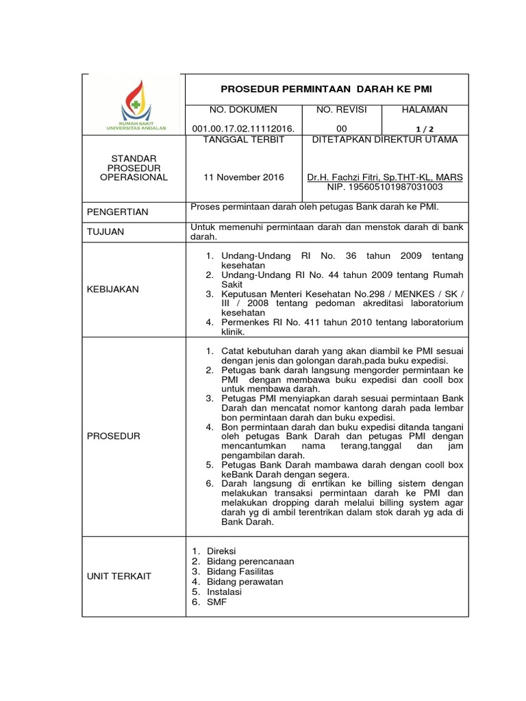 Spo Prosedur Permintaan Darah Ke Pmi | PDF