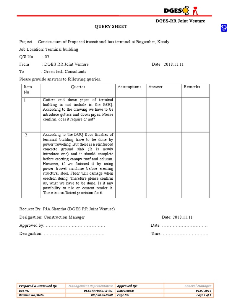 Query Sheet: Prepared & Reviewed By: Approved by | PDF