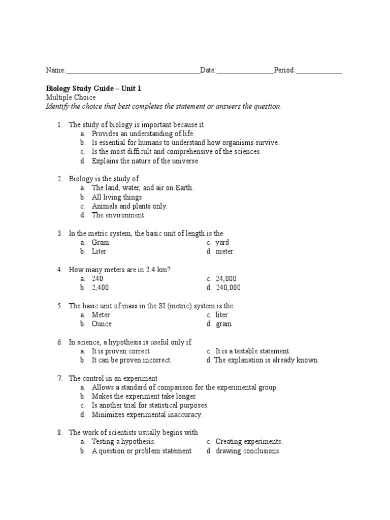 Biology Study Guide - Unit1 | Experiment | Life