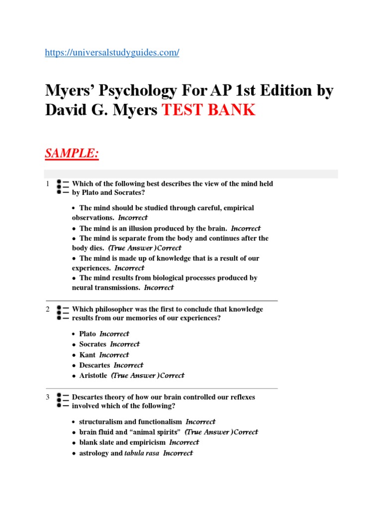 Myers Psychology For AP 1st Edition by David G Myers TEST BANK | PDF ...